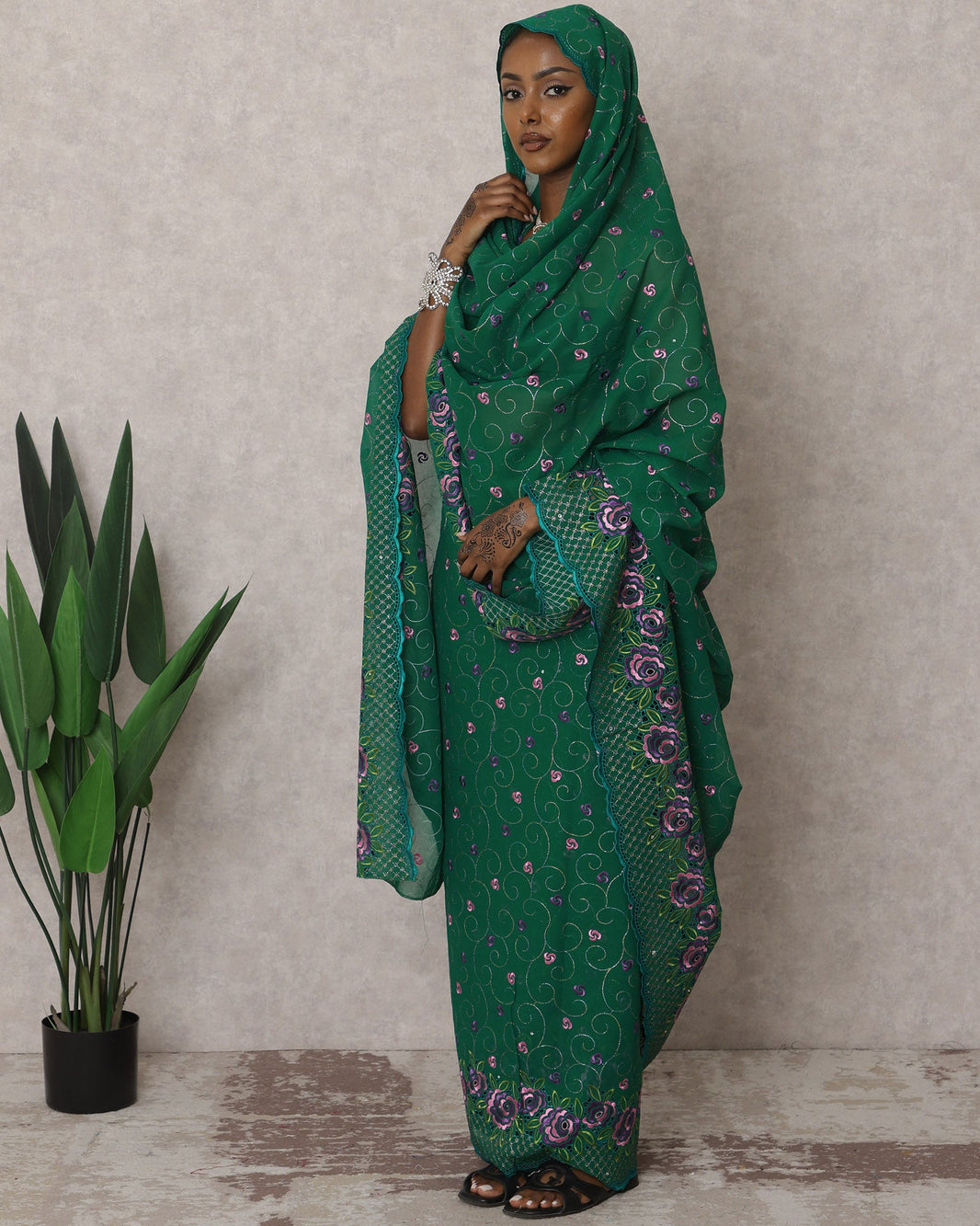 Green Sudanese Thobe – Swiss Cotton Voile with Stone Work, 4.5M – Regal ...