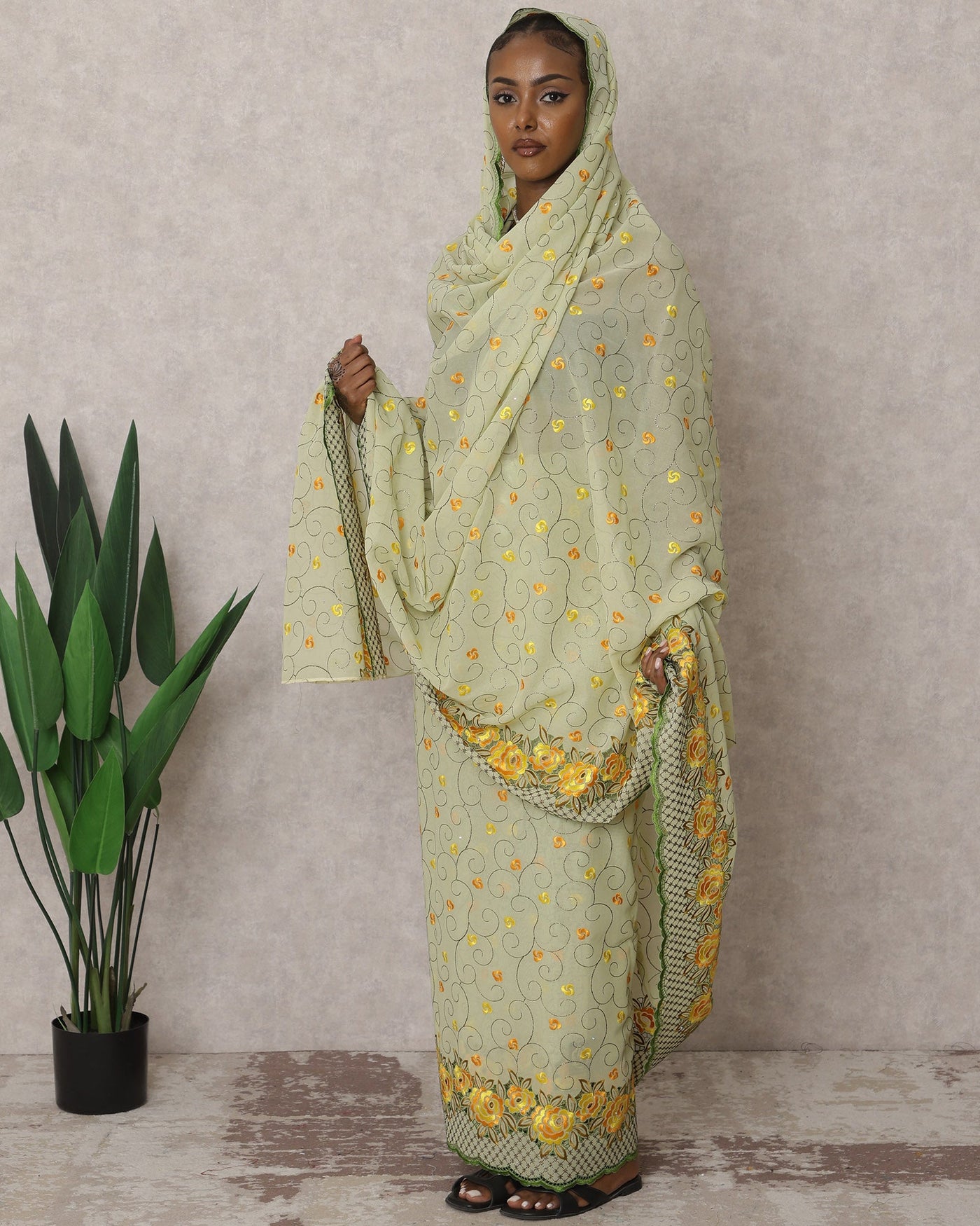 Light Olive Sudanese Thobe – Swiss Cotton Voile with Stone Work, 4.5M ...